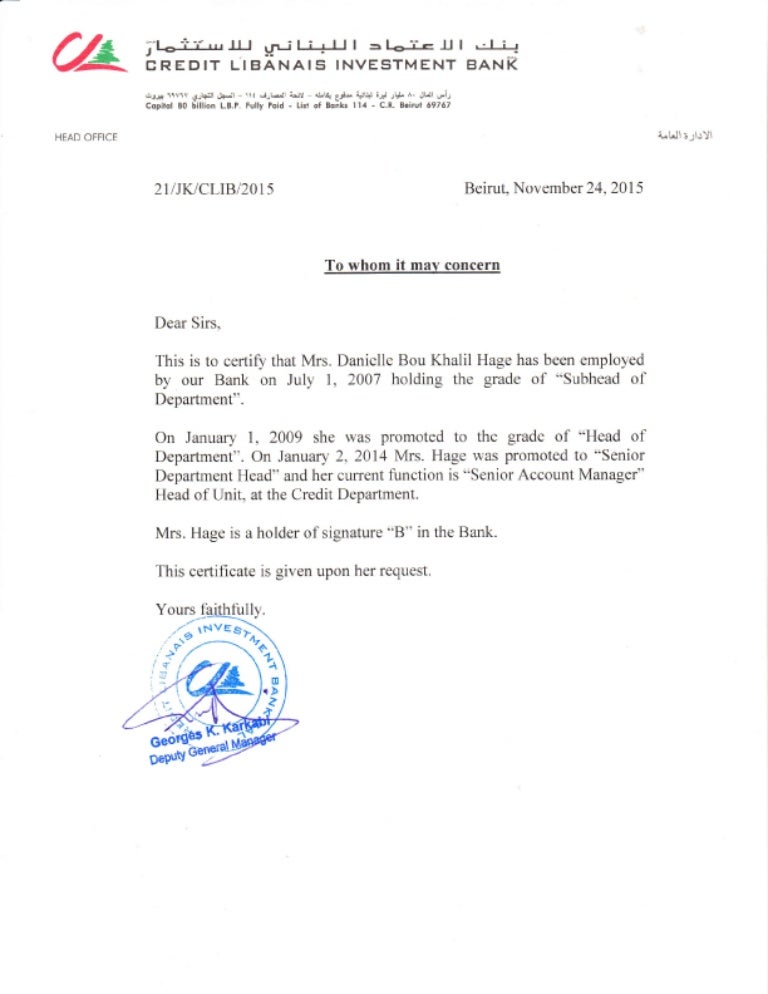 recent attestation credit libanais investment bank