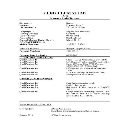 F KRUGER diving cv | DOC