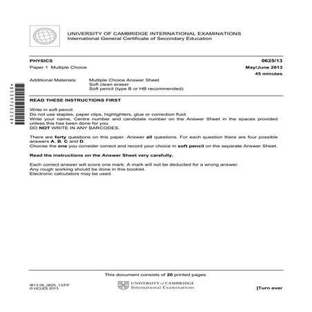 Physics 0625 - Paper 1 version 3 - Question Paper - May Jun 2013 | PDF