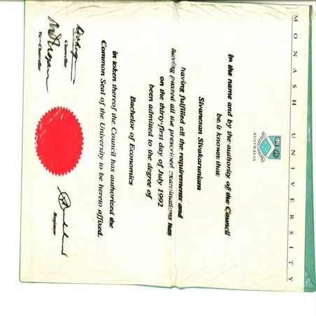 Monash University Bachelor of Economics Degree Certificate | PPT