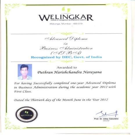 Welinkar PG Passing Cerificate | PDF