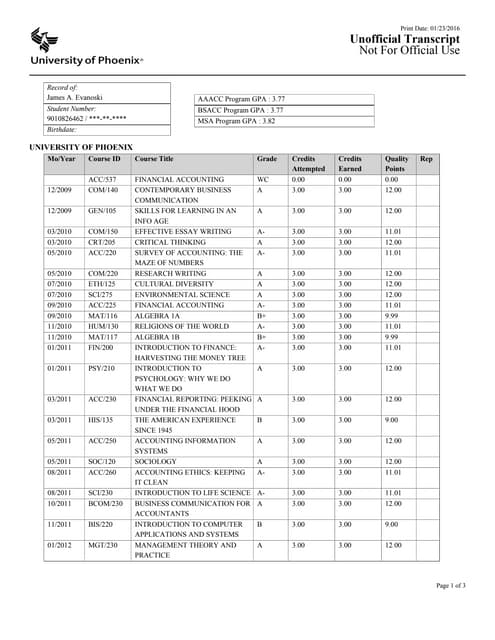 University Phoenix Transcript | PDF