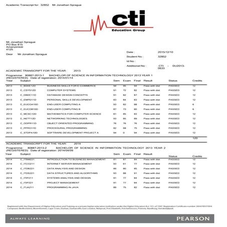 Jonathan Sprague Academic Transcript | PDF