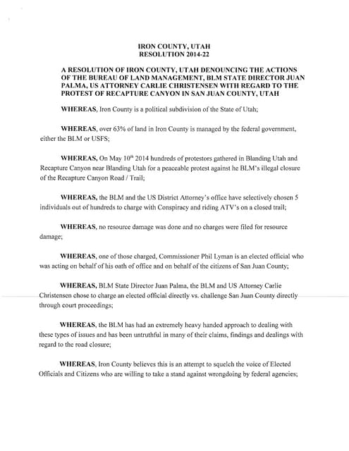Recapture Canyon BLM Resolution | Piute County Commission | PDF