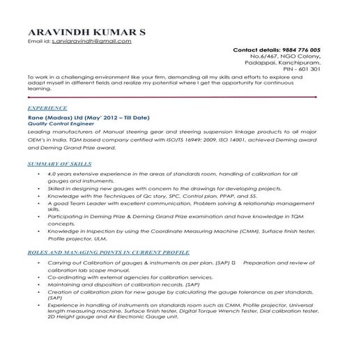 Metrology manager resume | DOC