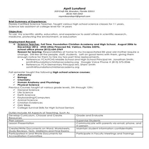 Lab Tech and Teaching Resume April Lunsford | PDF