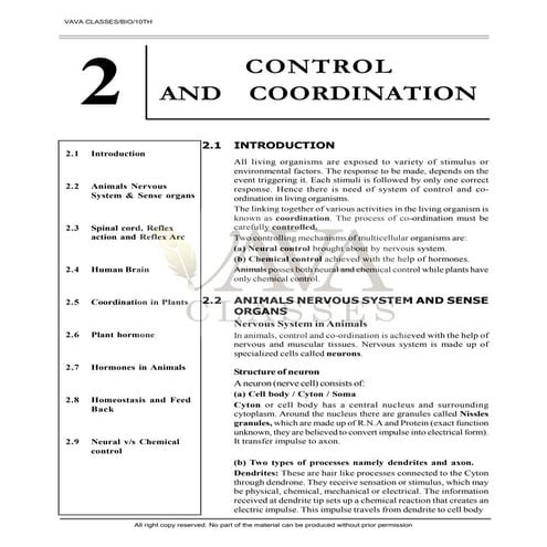 control and coordination class 10 NCERT pdf notes | PDF