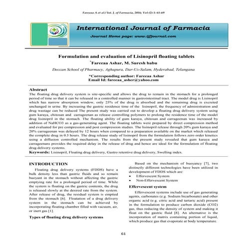 Formulation And Evaluation Of Lisinopril Floating Tablets Pdf