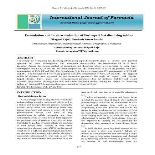 Formulation And In Vitro Evaluation Of Fosinopril Fast Dissolving Tablets Pdf