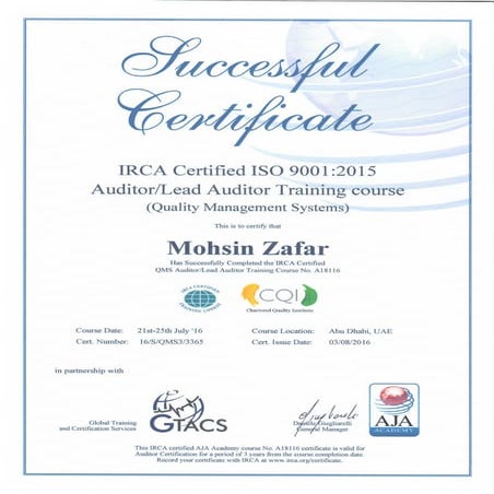 IRCA Lead Auditor ISO 9001-2015 - Mohsin Zafar | PDF