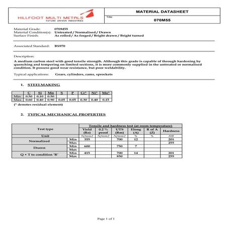 070M55 Steel - Hillfoot Multi Metals | PDF