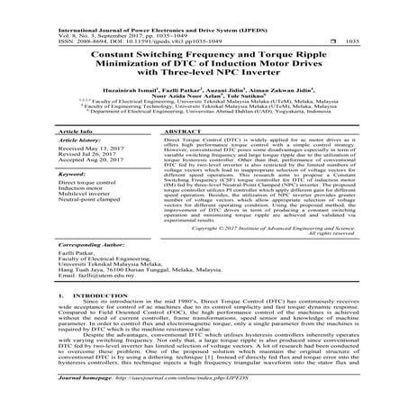 Constant Switching Frequency And Torque Ripple Minimization Of Dtc Of