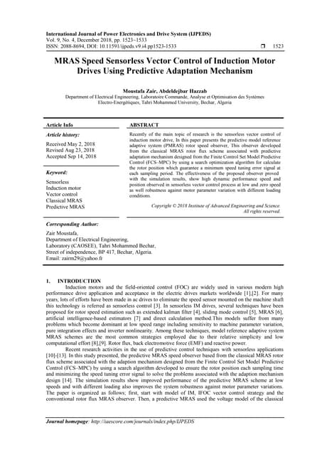 Mras Speed Sensorless Vector Control Of Induction Motor Drives Using