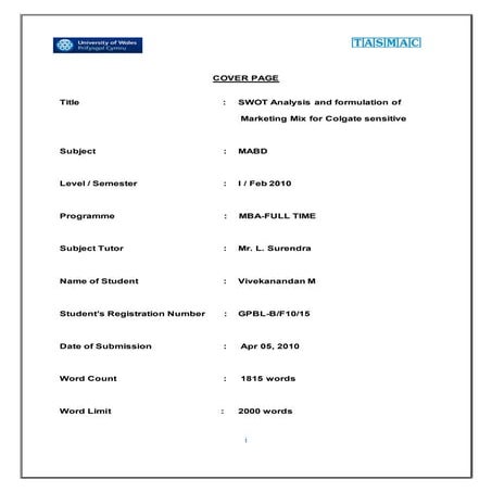 SWOT Analysis and formulation of Marketing Mix for Colgate sensitive | PDF