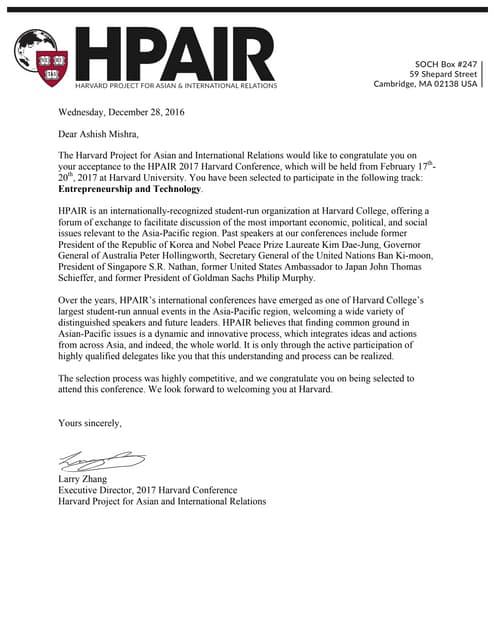 Harvard University Acceptance Letter
