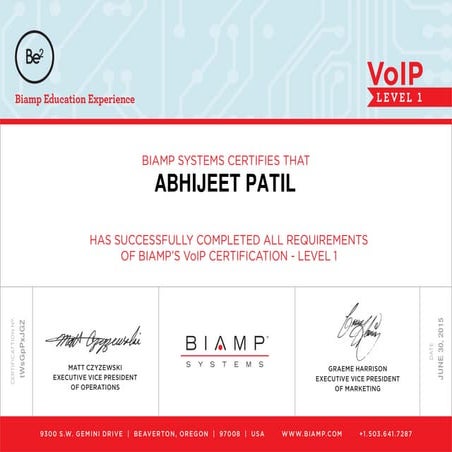 VoIP-Level1_Biamp VoIP Certificate | PDF