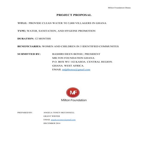 Milton Foundation Ghana Clean Water Project Proposal December 2014 | PDF