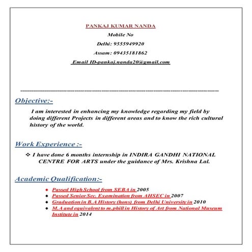 Resume of Pankaj | DOCX | Arts and Crafts | Hobbies & Interests