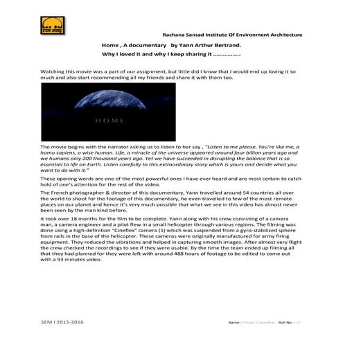 HOME - a film by Yann Arthus-Bertrand (2009)- A Writeup | PDF