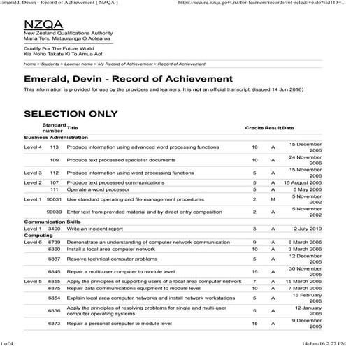 Emerald, Devin - Record of Achievement [ NZQA ] | PDF