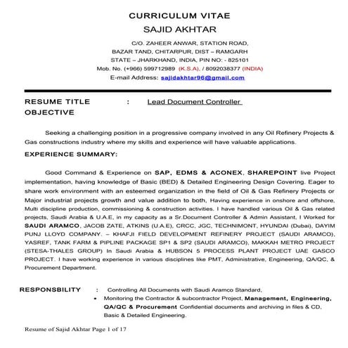 CV Sajid Akhtar - Lead Document Controller - 01 Jan 2017 | DOC