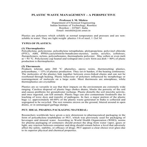 plastic waste management 226 a perspective | PDF