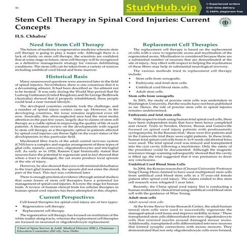 Stem Cell Therapy For Spinal Cord Injury: Hope For Paralyzed Patients | PDF