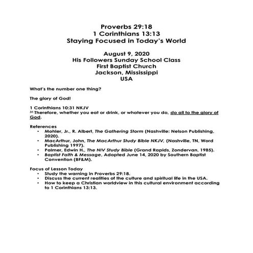 08-09-20, Proverbs 29;18 & 1 Corinthians 13;13, Staying Focused in ...