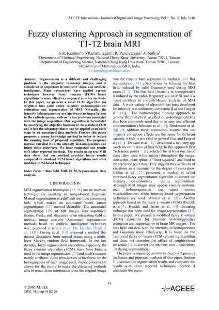 Fuzzy Clustering Approach In Segmentation Of T1 T2 Brain Mri Pdf