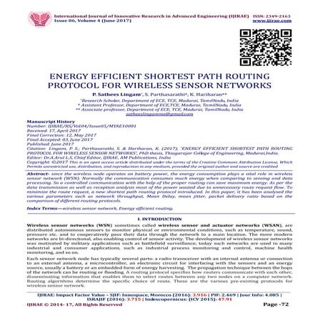 Energy Efficient Shortest Path Routing Protocol For Wireless Sensor Networks Pdf Free Download