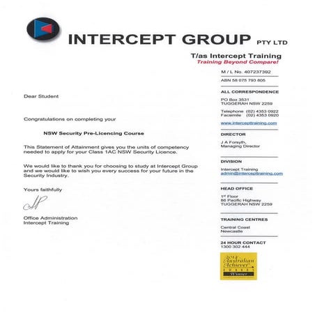Statement of Attainment Certificate II in Security Operations Covering ...