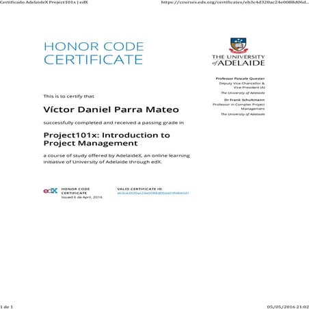 Certificado AdelaideX Project101x _ edX | PDF