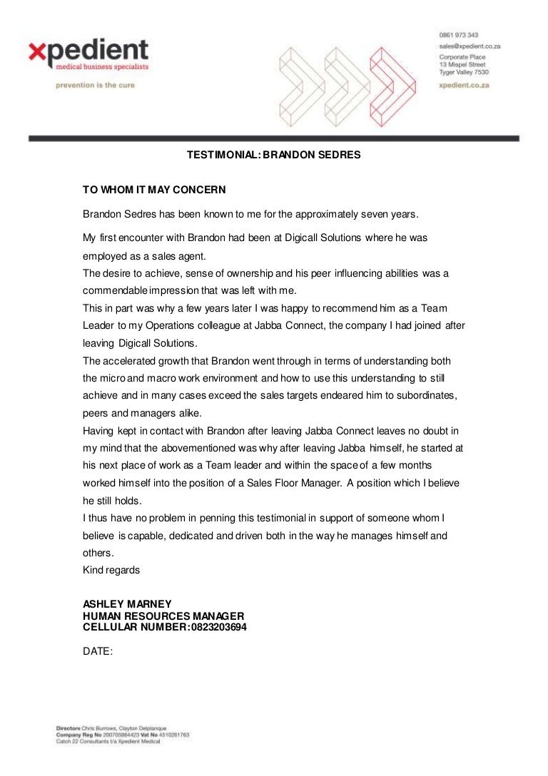 Senior HR manager - Letter of Recommendation