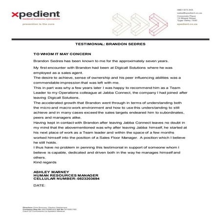 Senior HR manager - Letter of Recommendation | DOCX