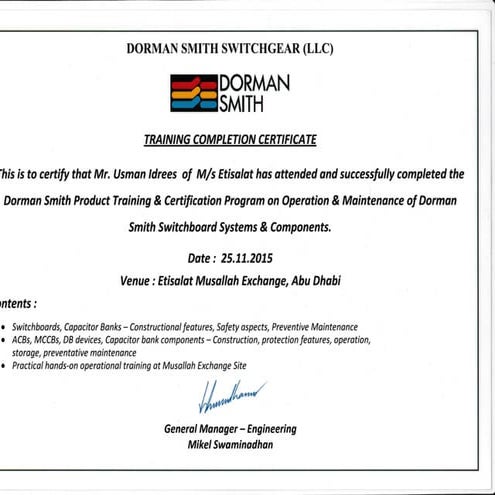 Operation & Maintenance Certificate of Dorman Smith of Switchboard ...