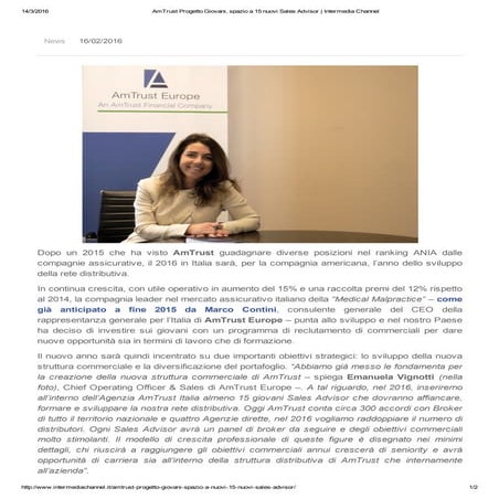 AmTrust Progetto Giovani, spazio a 15 nuovi Sales Advisor _ Intermedia Channel | PDF