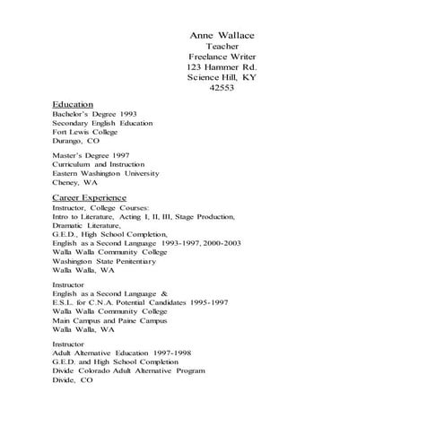 Anne Wallace Resume University, Career and Training Experience | PDF