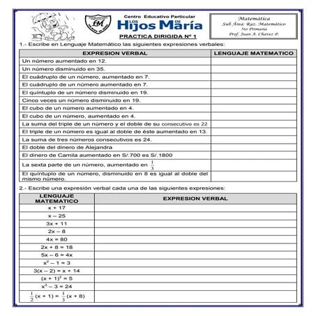 Ejercicios de planteo de ecuaciones para 5to de Primaria | PDF