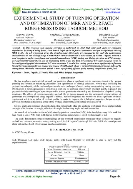 Experimental Investigation and Parametric Analysis of Surface Roughness in CNC Turning Using ...