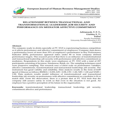 relationship between transactional and transformational leadership, job security and performance ...