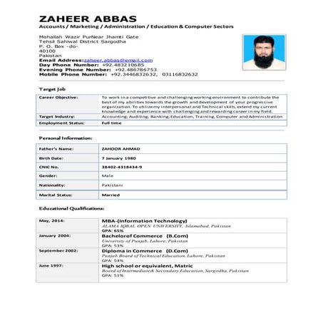 Zaheer CV | DOCX | College Education | Education