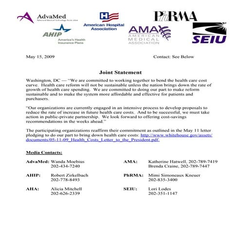 090515 Healthreform Joint Statement | PDF | Healthcare Industry ...
