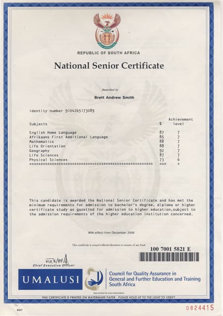 Matric Certificate - 2008 | PDF