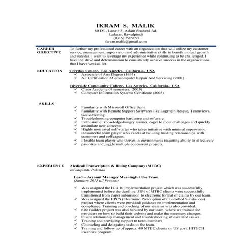 CV- Ikram Malik 1-28-2016 | PDF | Healthcare Industry | Industries