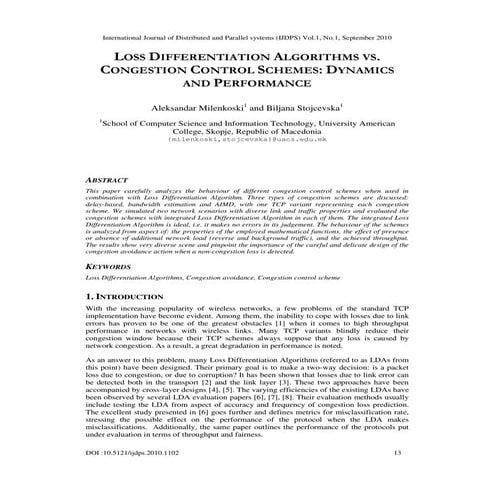 LOSS DIFFERENTIATION ALGORITHMS VS. CONGESTION CONTROL SCHEMES: DYNAMICS AND PERFORMANCE | PDF