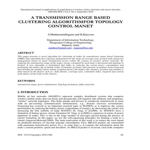A Transmission Range Based Clustering Algorithm For Topology Control Manet Pdf