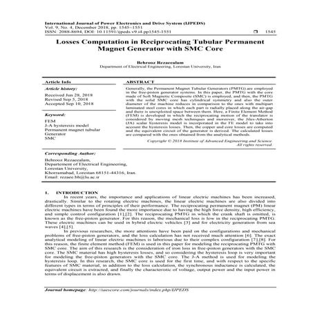 Losses Computation in Reciprocating Tubular Permanent Magnet Generator with SMC Core | PDF