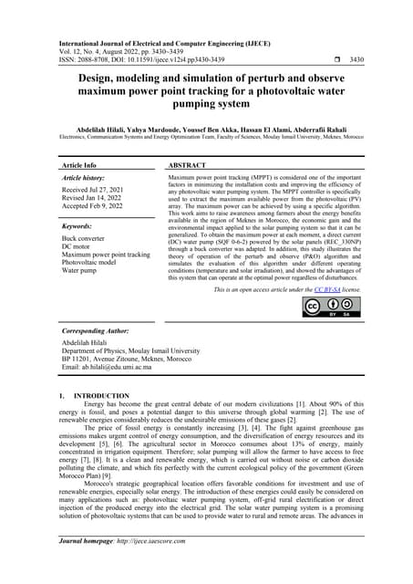 Design Modeling And Simulation Of Perturb And Observe Maximum Power Point Tracking For A