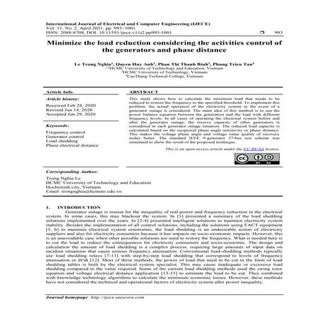 Minimize the load reduction considering the activities control of the generators and phase ...