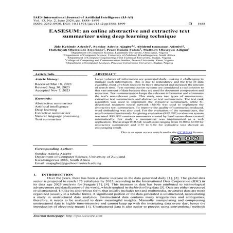 Easesum An Online Abstractive And Extractive Text Summarizer Using Deep Learning Technique Pdf 